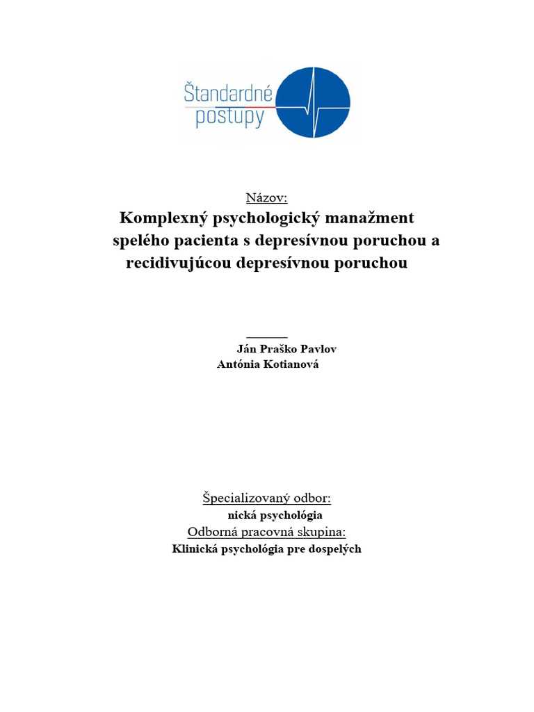 Komplexny Psychologicky Manazment Dospeleho Pacienta S Depresivnou ...