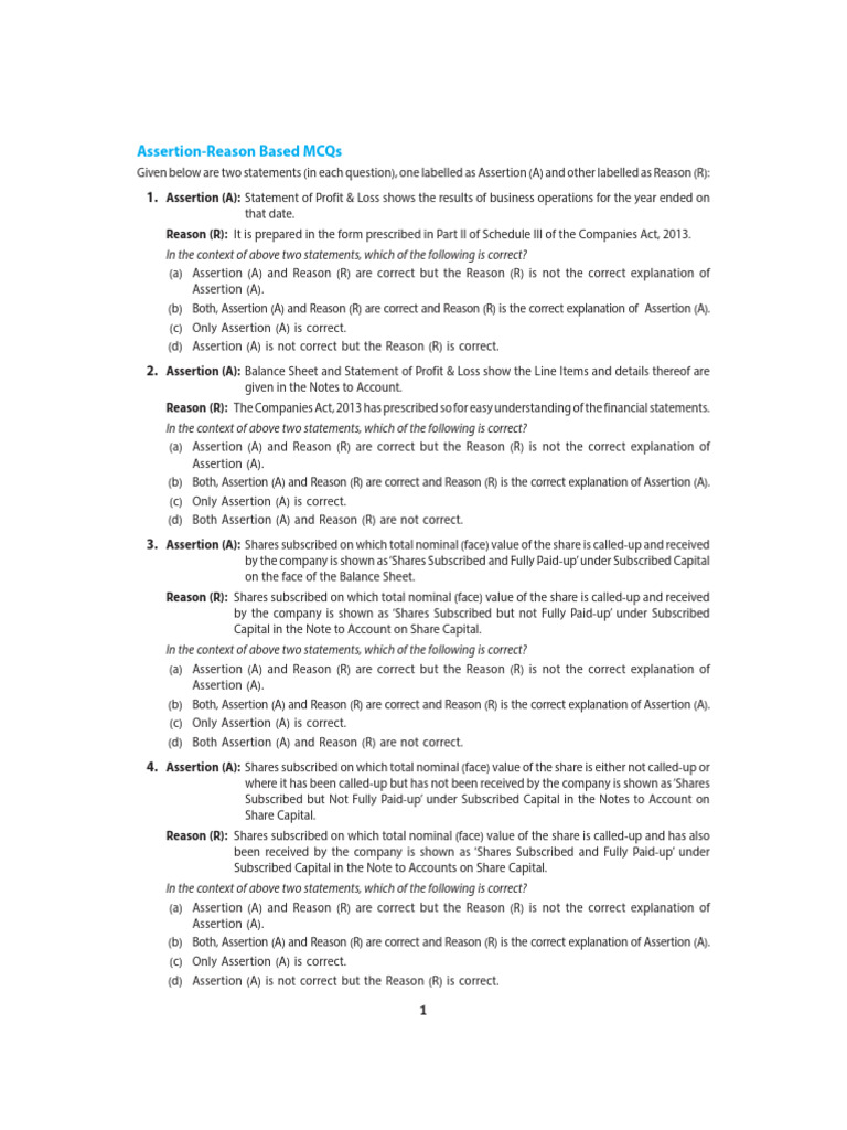 Chapter-1 (Assertion-Reason Based MCQS) | PDF | Balance Sheet | Deferred Tax