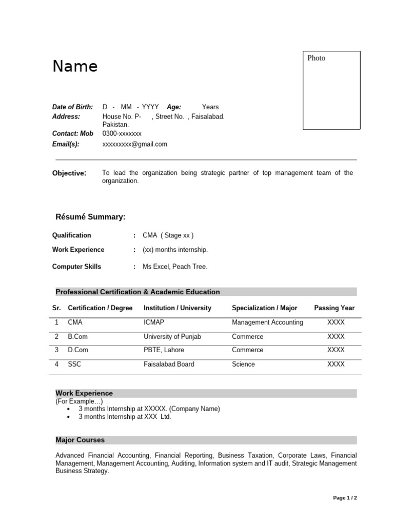 CMA Fresher Resume Template | PDF | Career & Growth