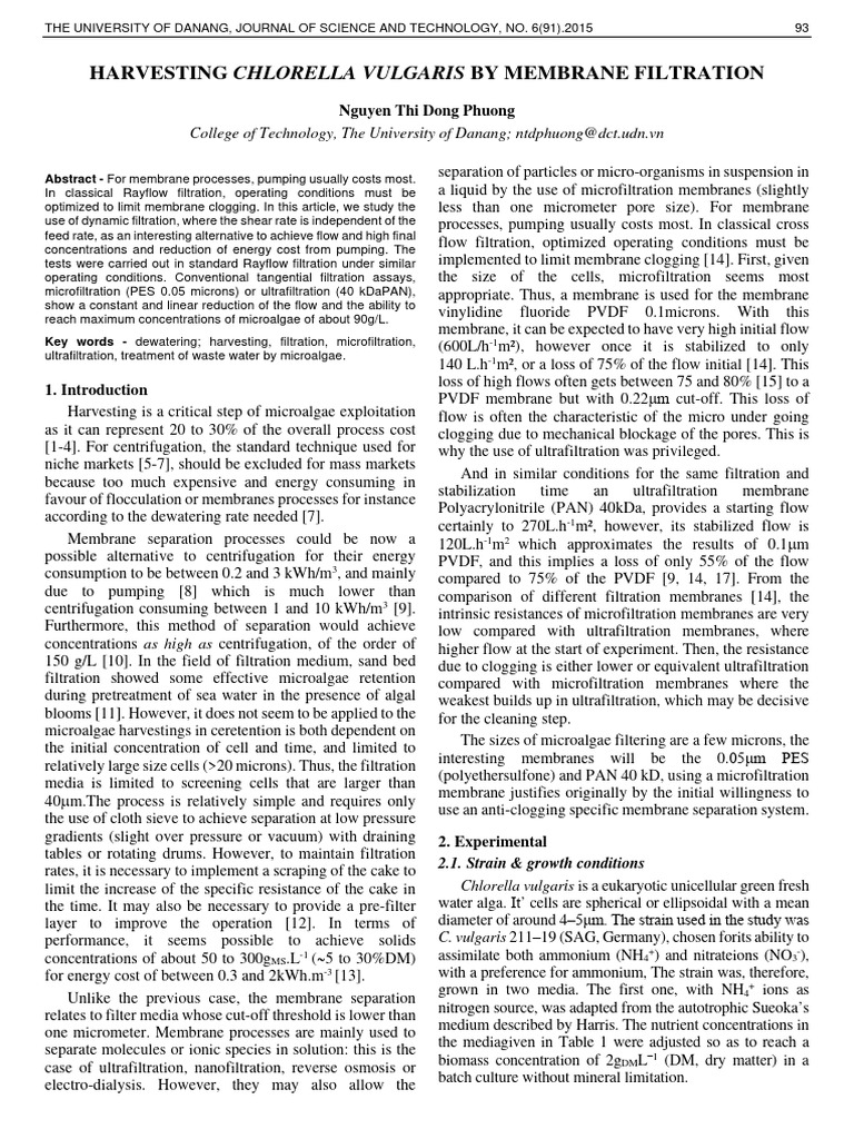 Harvesting Chlorella Vulgaris by Membran A15ac2ac | PDF | Membrane | Membrane Technology