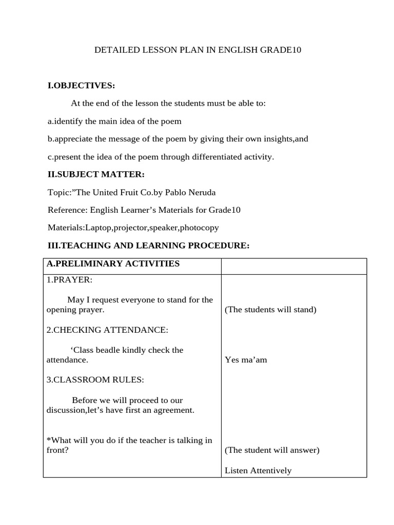 Grade 10 English Lesson Plan | PDF | Lesson Plan | Learning