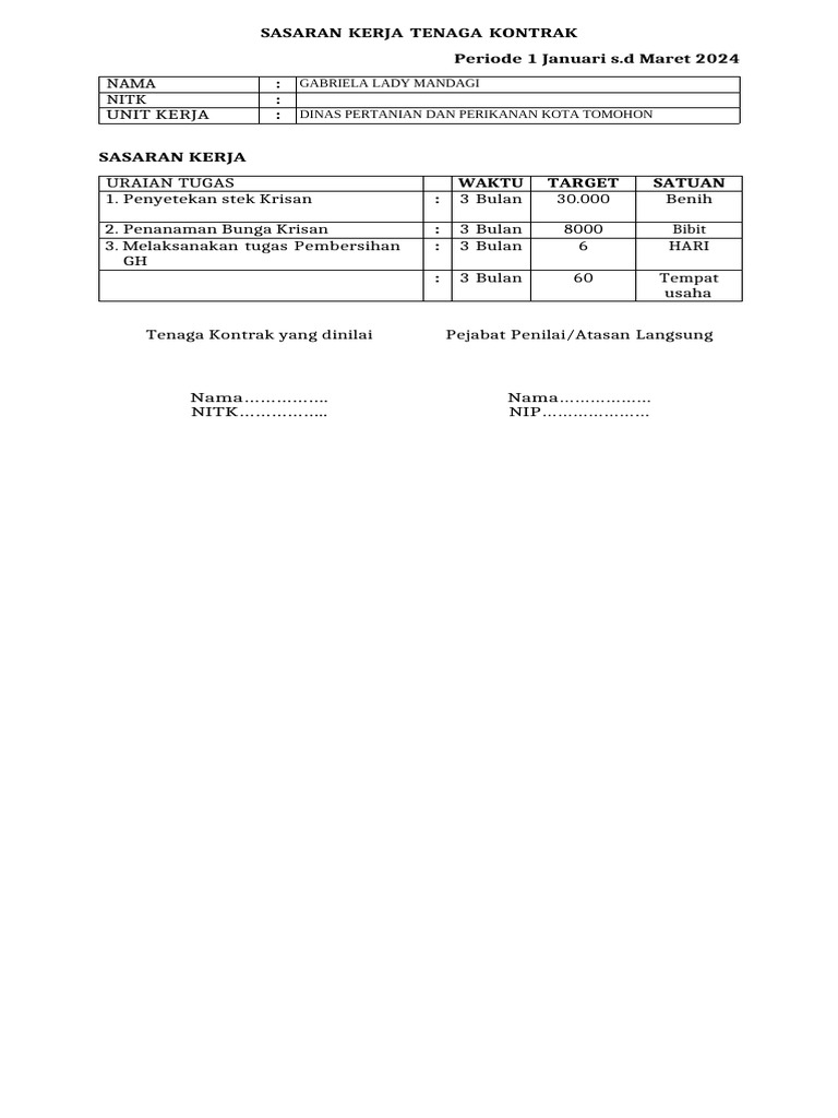 Contoh Format SKP Dan Buku Kerja Tenaga Kontrak601 | PDF