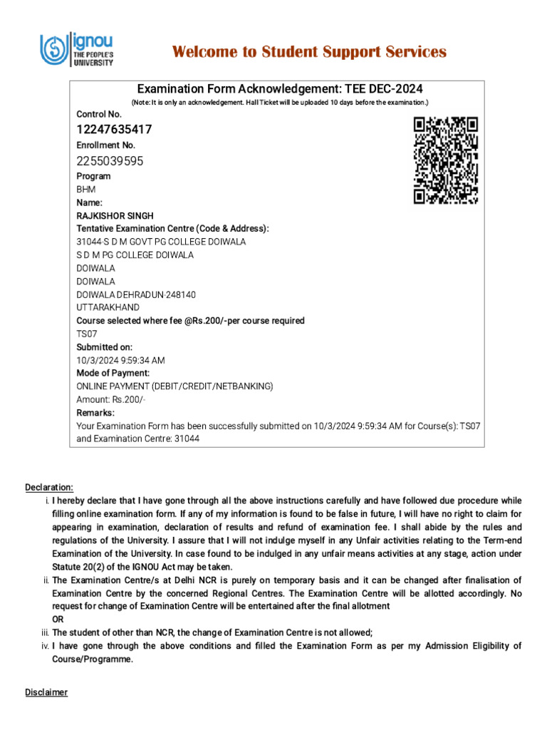 IGNOU - Examination Form Acknowledgement Raj Kishore | PDF | Career & Growth
