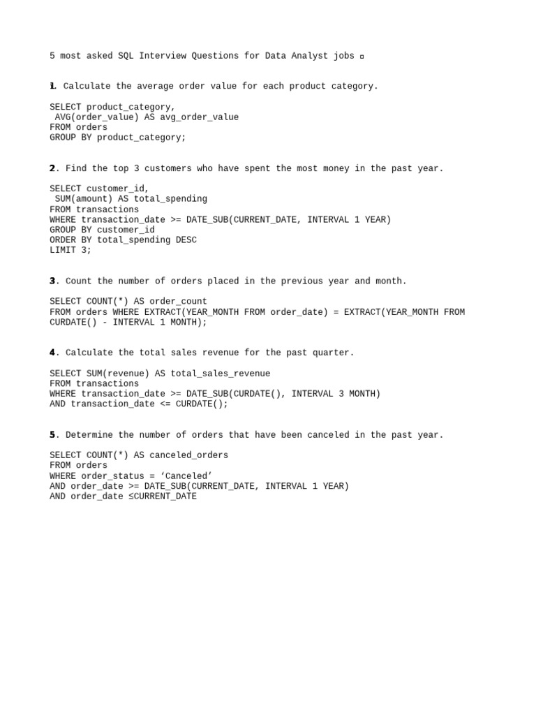 Top 5 SQL Questions for Data Analysts | PDF