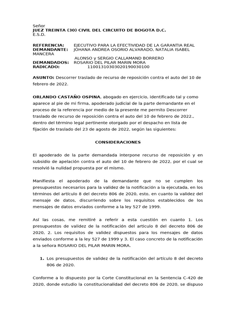 Descorrer Traslado ROSARIO DEL PILAR MARIN MORA | PDF | Caso de ley ...