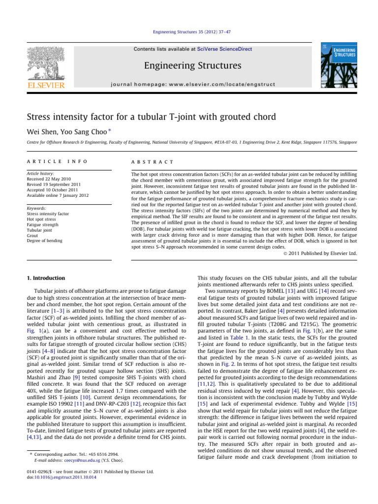 Stress Intensity Factor For A Tubular T-Joint With Grouted Chord | PDF ...