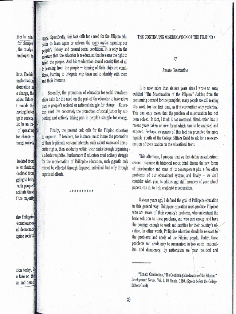 The Continuing Miseducation of The Filipino by Renato Constantino | PDF