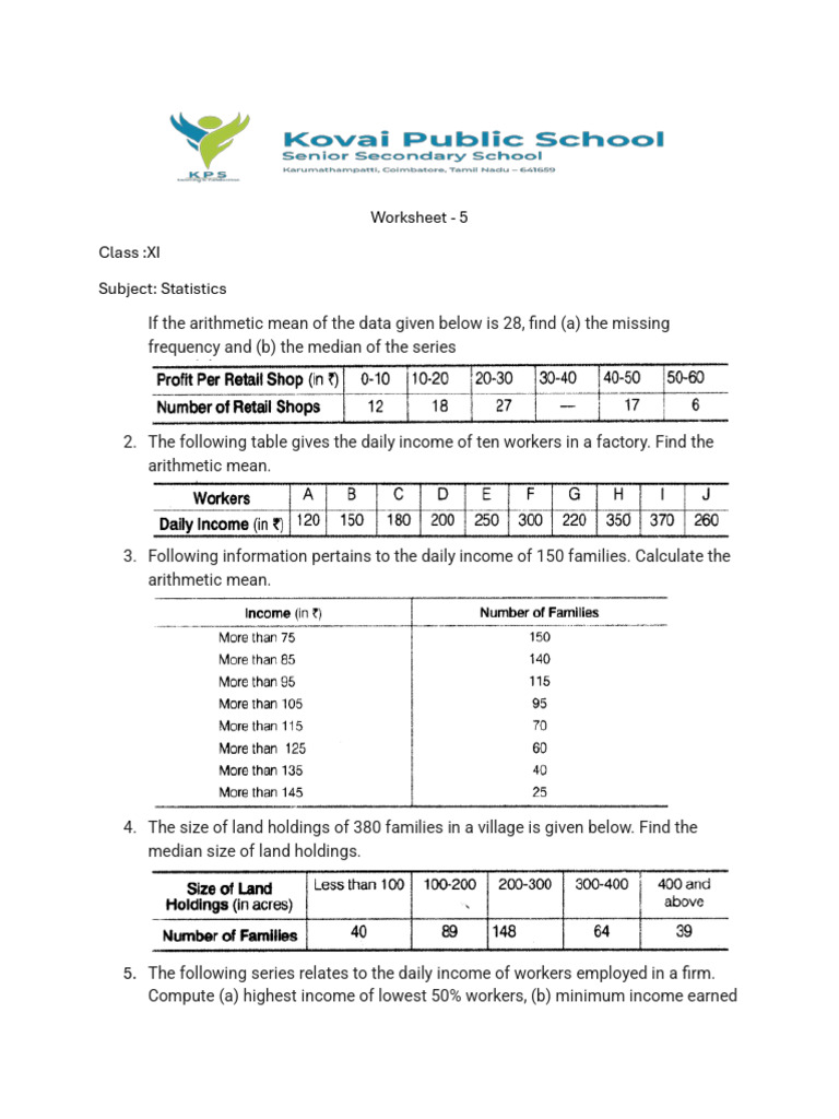 Statistics Worksheet for Class XI | PDF
