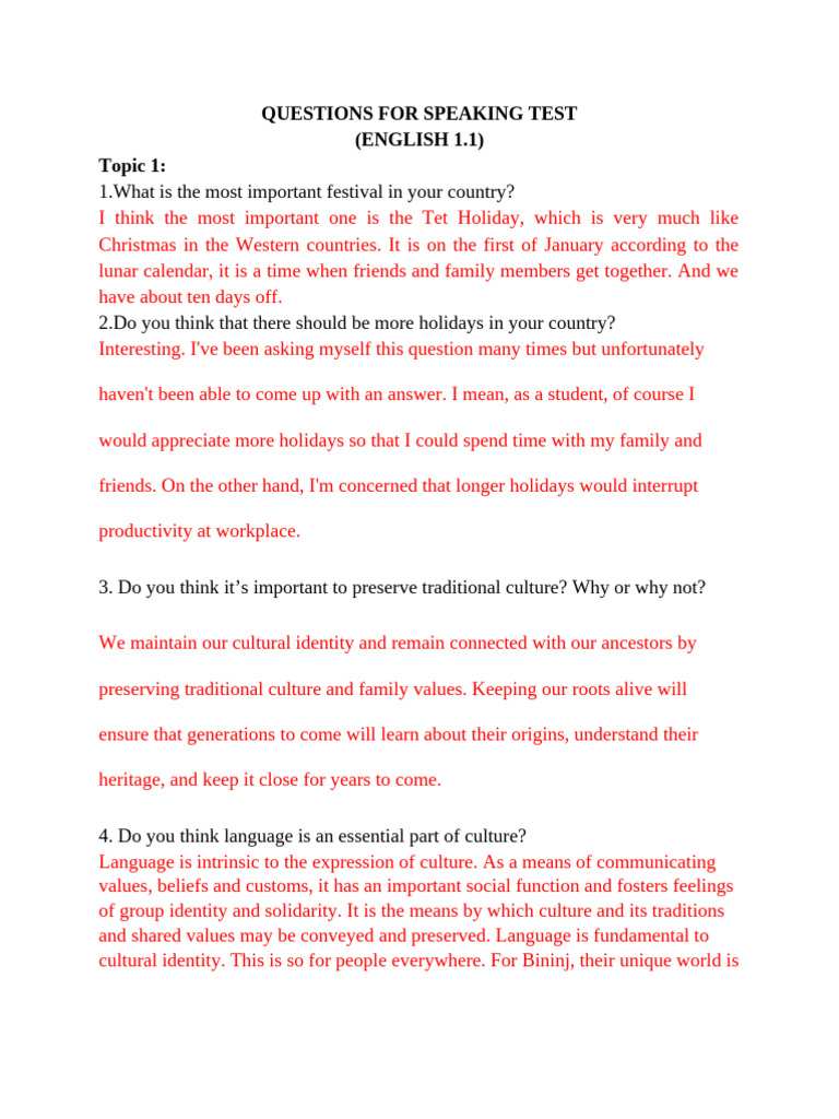 Questions For Speaking Test (1-2) | PDF | Swimming | Identity (Social ...