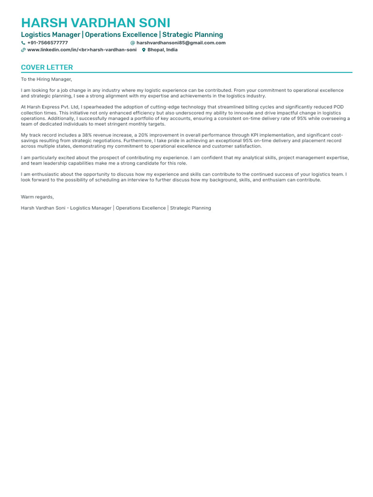 Logistics Manager Cover Letter | PDF | Business | Finance & Money Management