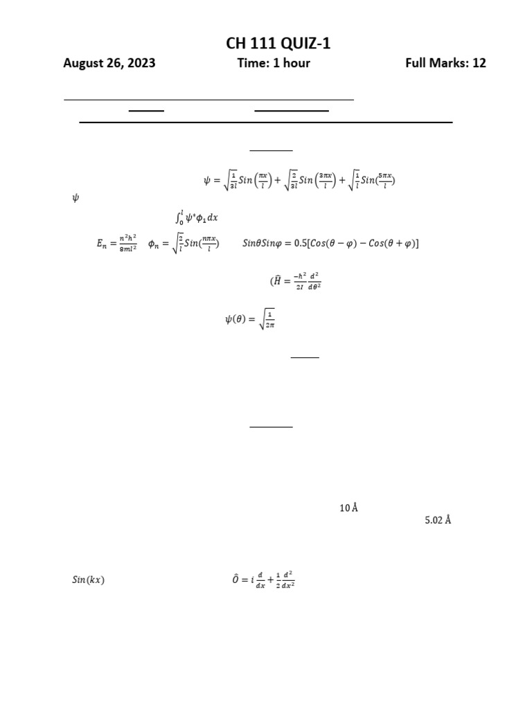 CH111_Quiz1_2023 | PDF | Energy Level | Hamiltonian (Quantum Mechanics)