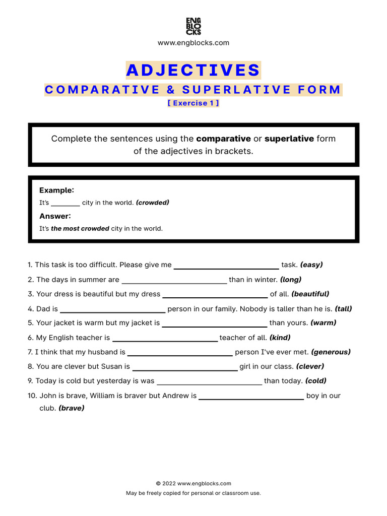 Adjectives Used in Comparative or Superlative Form Exercise 1 | PDF ...