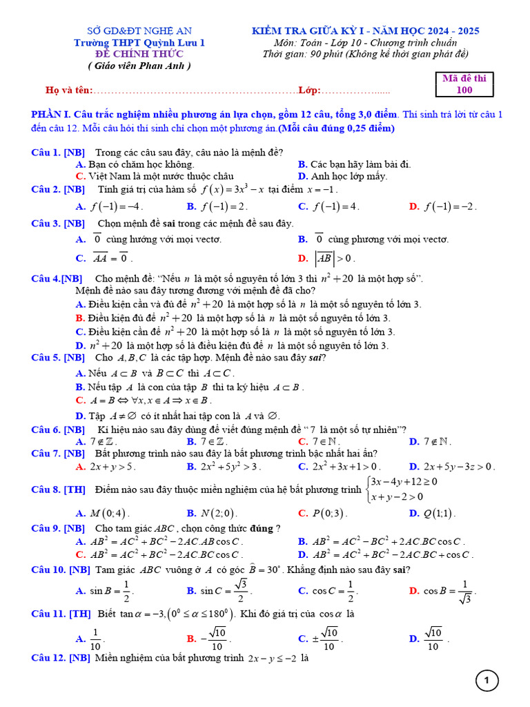 Đề Kiểm Tra GK1 T10. | PDF