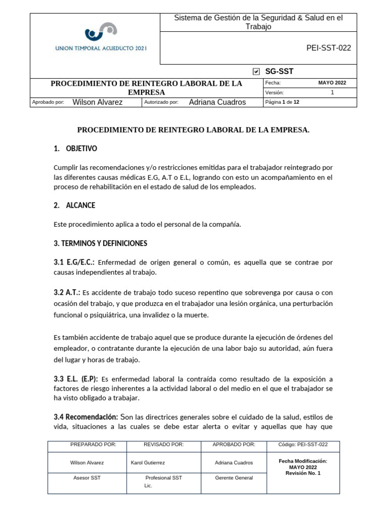 1 PEI SST 011 Procedimiento de Reintegro Laboral A La Empresa | PDF