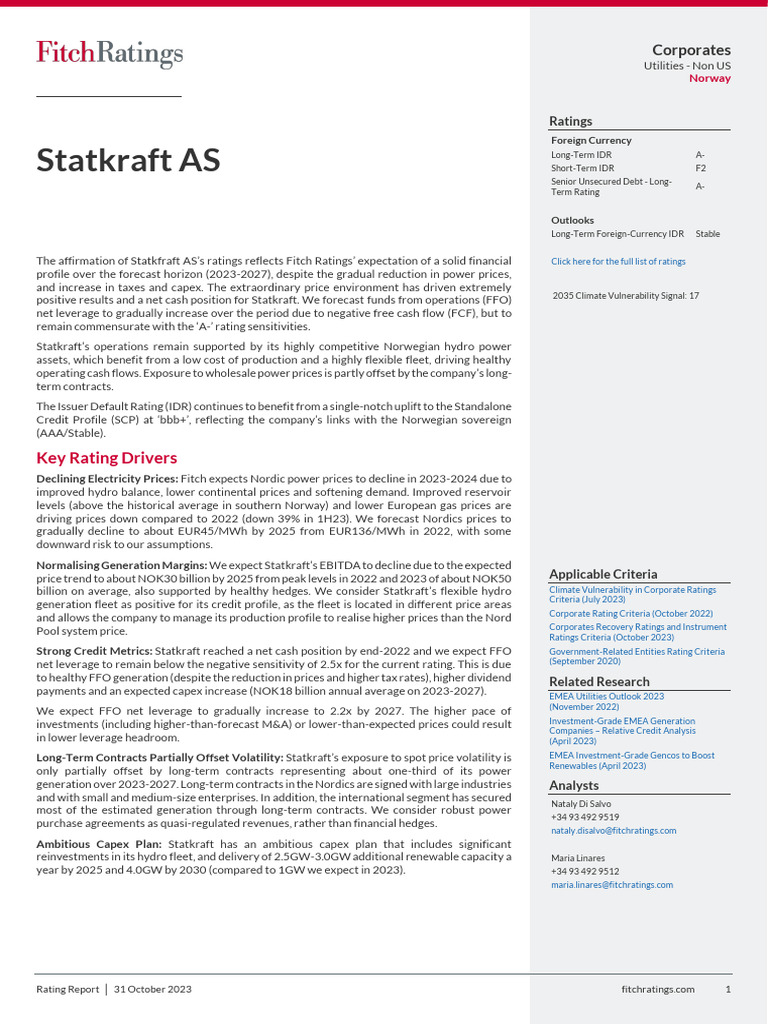 Statkraft As Rating-Report 2023.10.31 | PDF | Bond Credit Rating ...