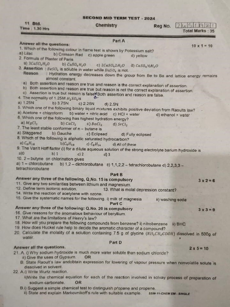 11th Chemistry 2nd Mid Term Exam 2024 Original Question Paper Madurai District English Medium ...