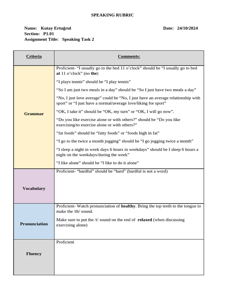 Speaking Task 2 Evaluation Rubric | PDF | Fluency | Vocabulary
