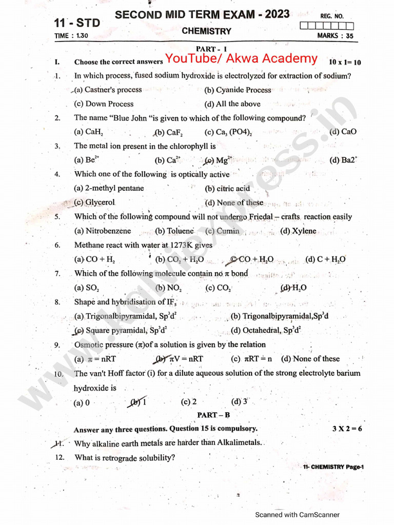 11Th Chemistry EM Thirpatur 2nd Midterm Question Paper 2023 | PDF