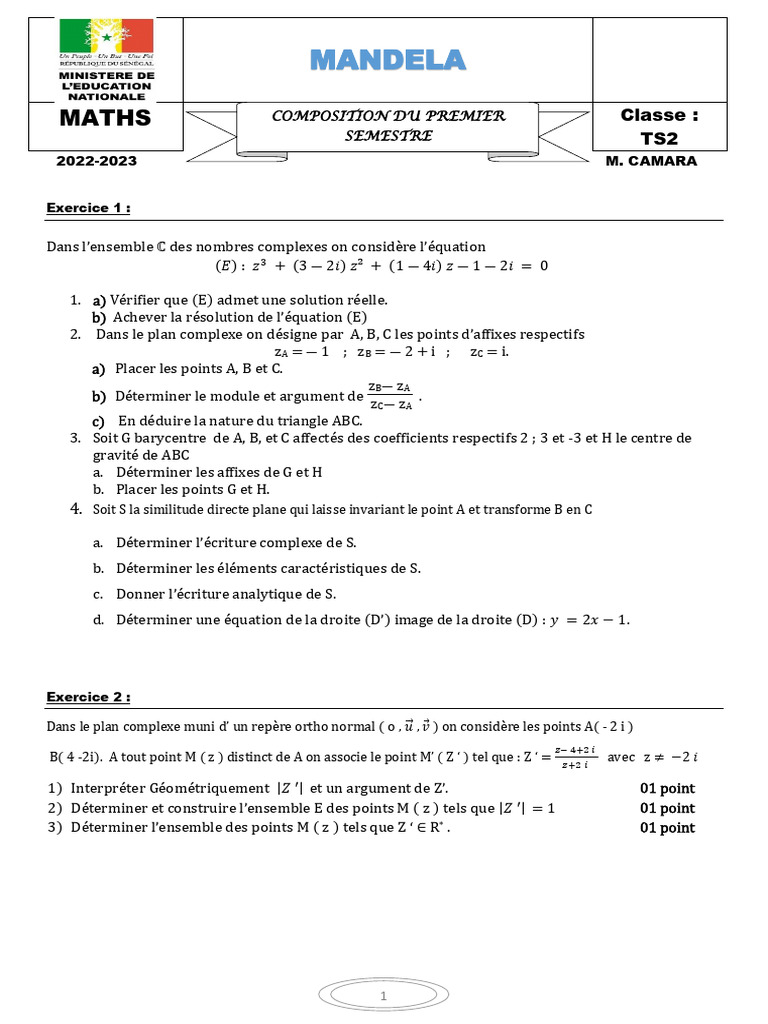COMPOSITION TS2 MANDELA 2023 1er Semestre Maths | PDF | Nombre complexe ...