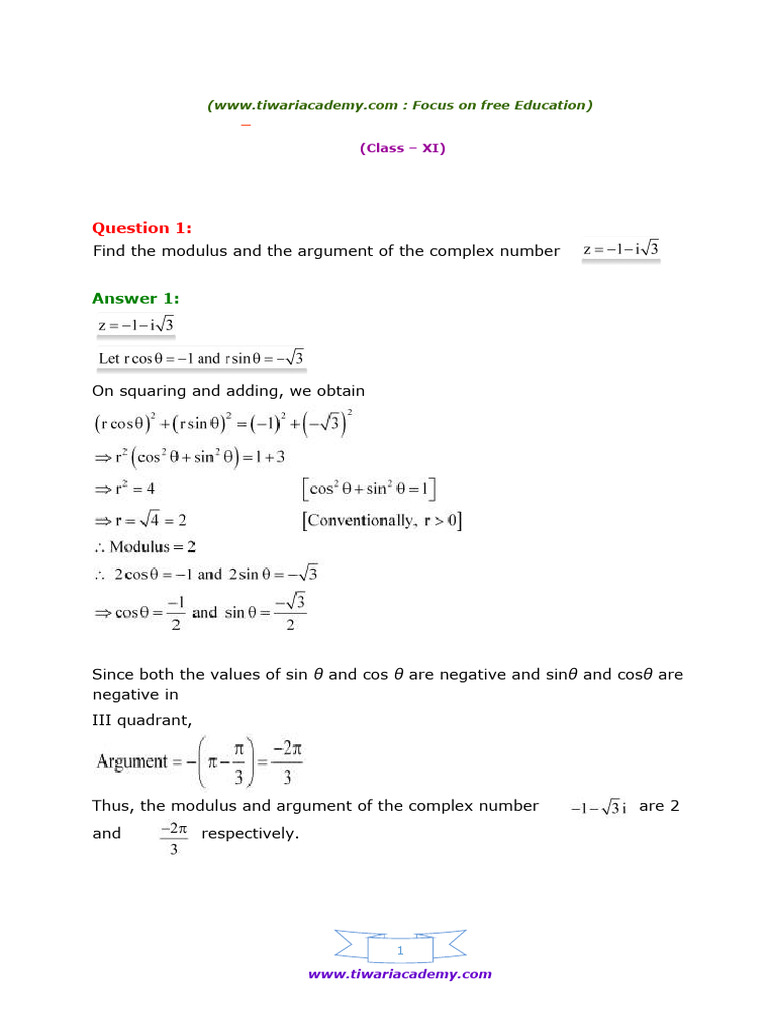 Class XI Complex Numbers Guide | PDF | Complex Number | Numbers