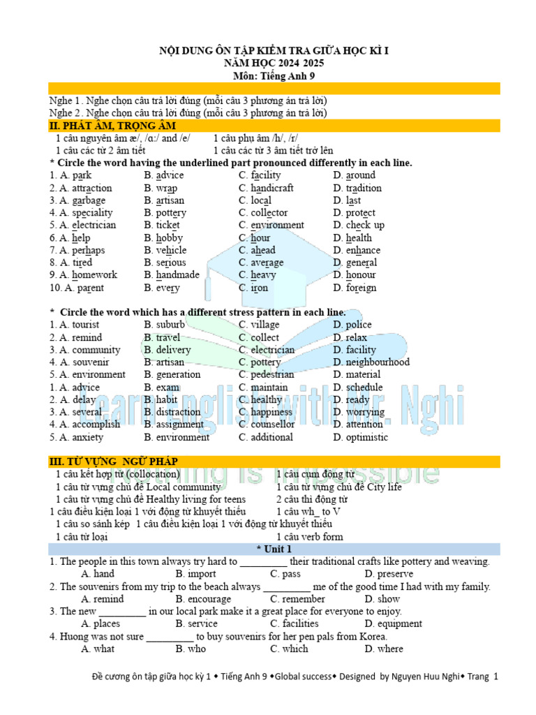 Đề Cương Anh 9 GK1 (2024-2025) | PDF | Tea | Adolescence