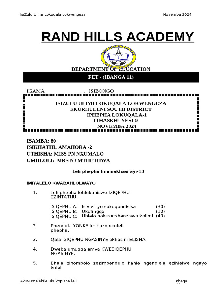 Grade 11 Paper 1 2o24 Test | PDF
