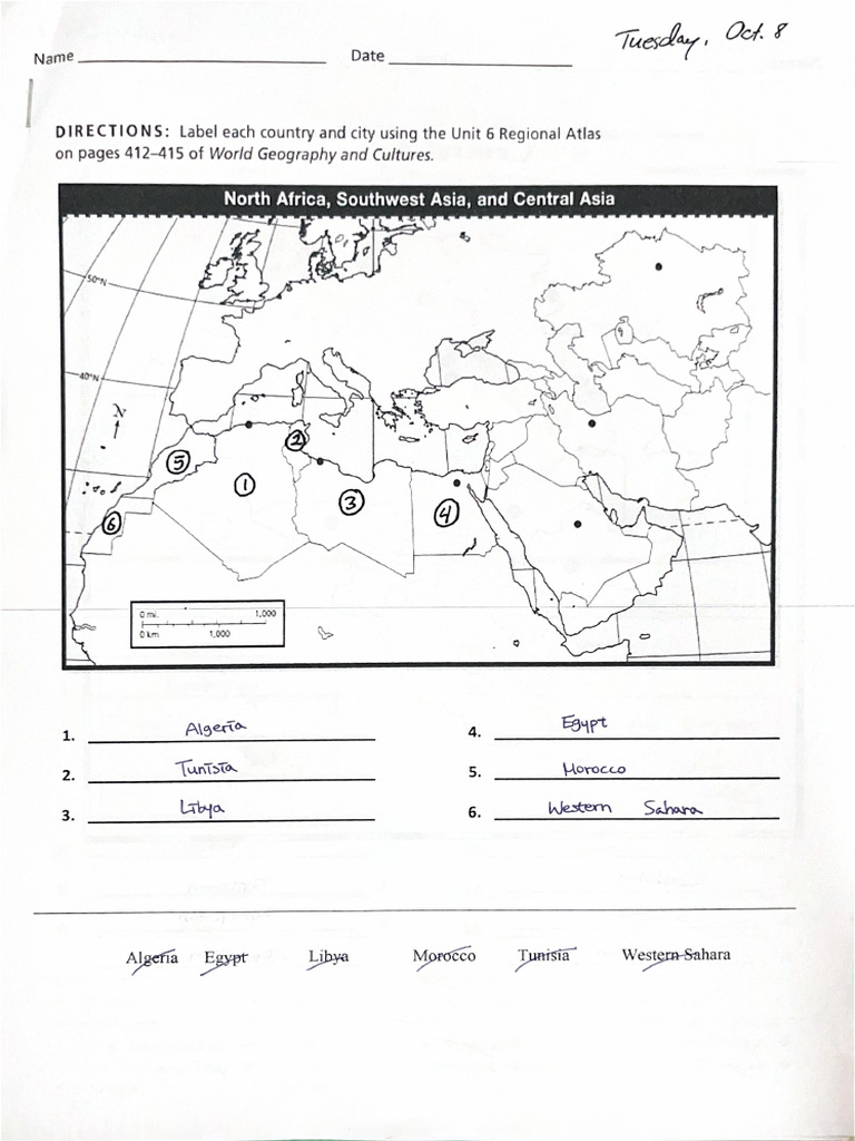 DIRECTIONS Label Each Country and City Using The Unit 6 Regional Atlas ...