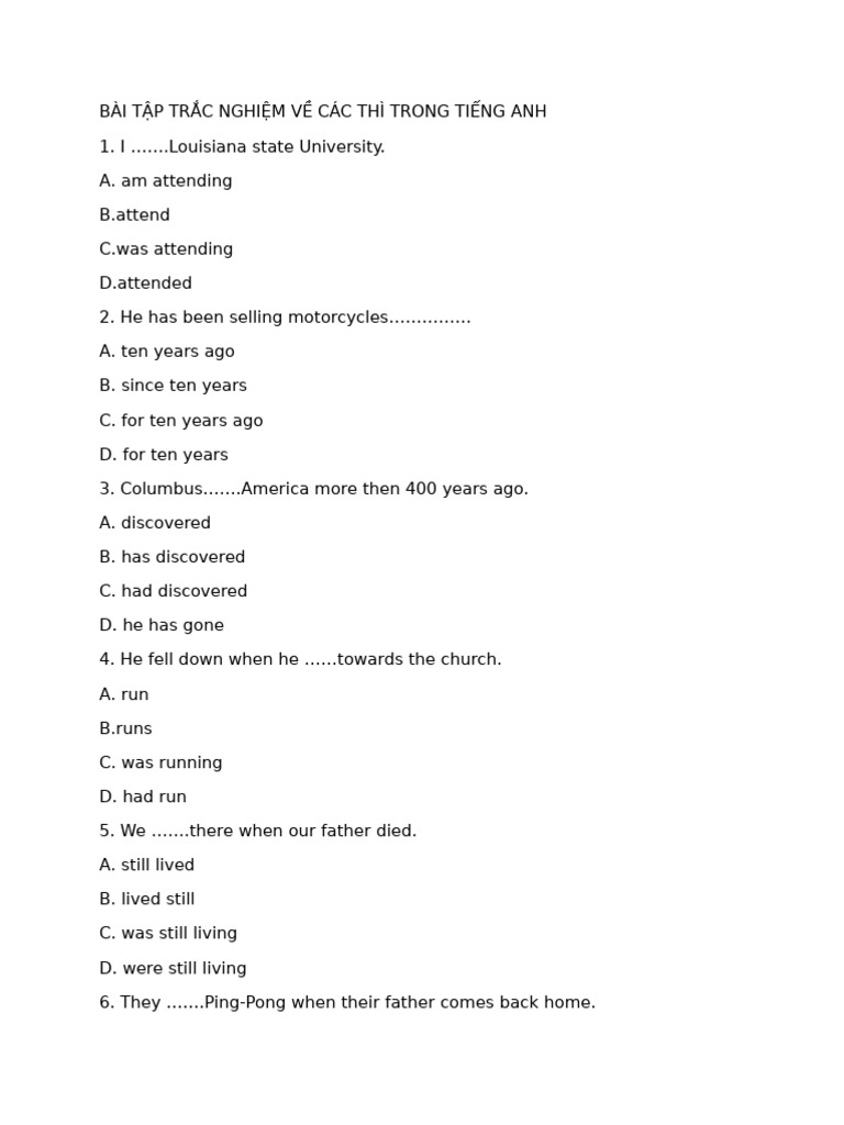 BÀI TẬP TENSE CHƯA XONG | PDF