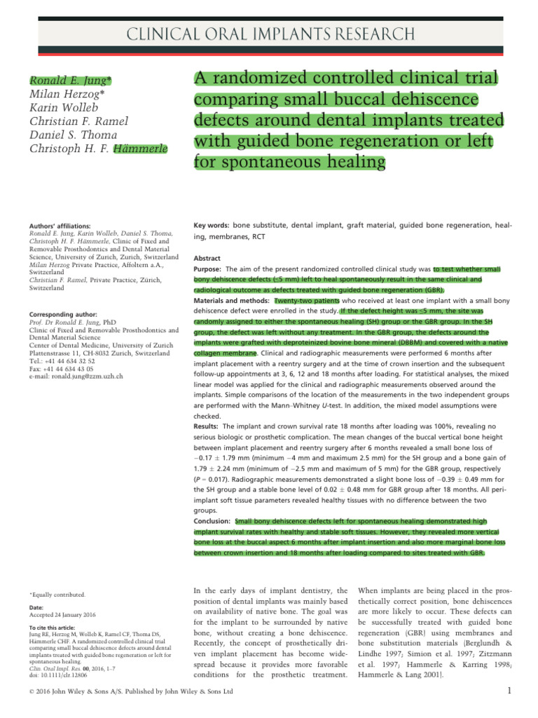 A RCT COMPARING SMALL BUCCAL DEHISCENCE DEFECTS AROUND DENTAL IMPLANTS ...