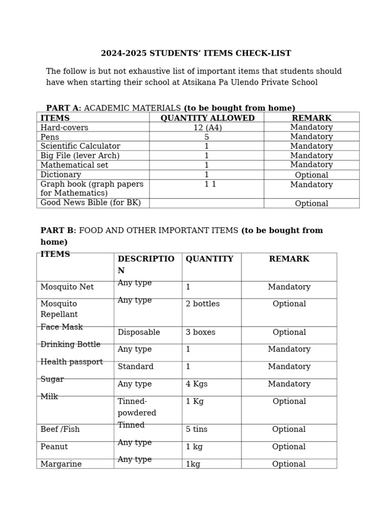 2024-2025 Students Checklist | PDF | Hand Washing | Foods