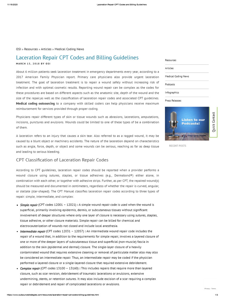 Laceration Repair CPT Codes and Billing Guidelines | PDF | Wound ...