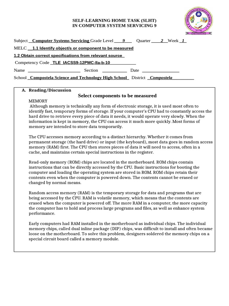 q2 SLHT 1 Css9 Types of Components and Objects To Be Measured | PDF | Hard Disk Drive | Computer ...