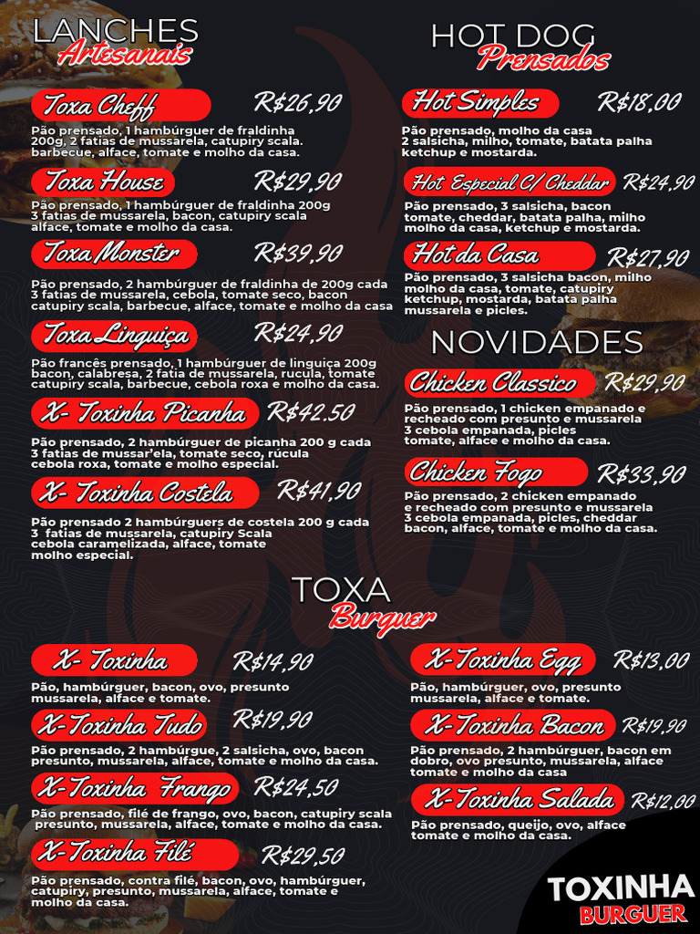 Cardápio Toxinha: Lanches Prensados | PDF | Hambúrgueres | Cachorro-quente