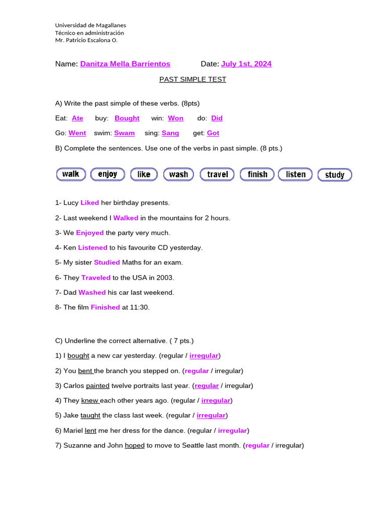 Past Simple Test | PDF