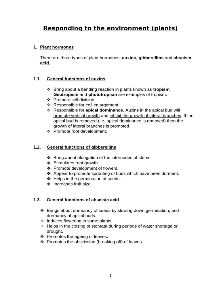 Responding To The Environment (Plants) Notes | PDF | Auxin | Plant Hormone