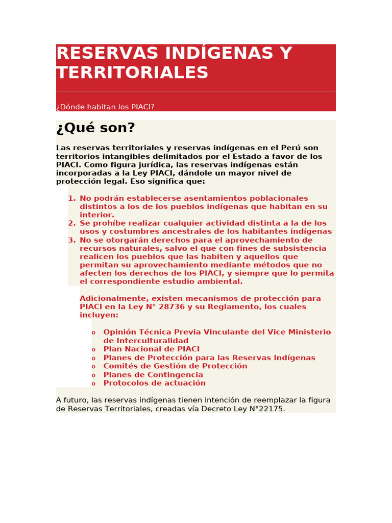 Reservas Indígenas en Perú: Protección y Leyes | PDF