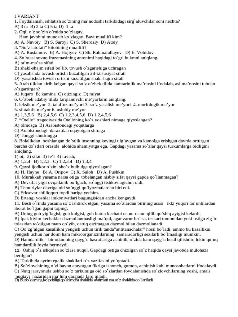 10 Sinf Ona Tili Test | PDF