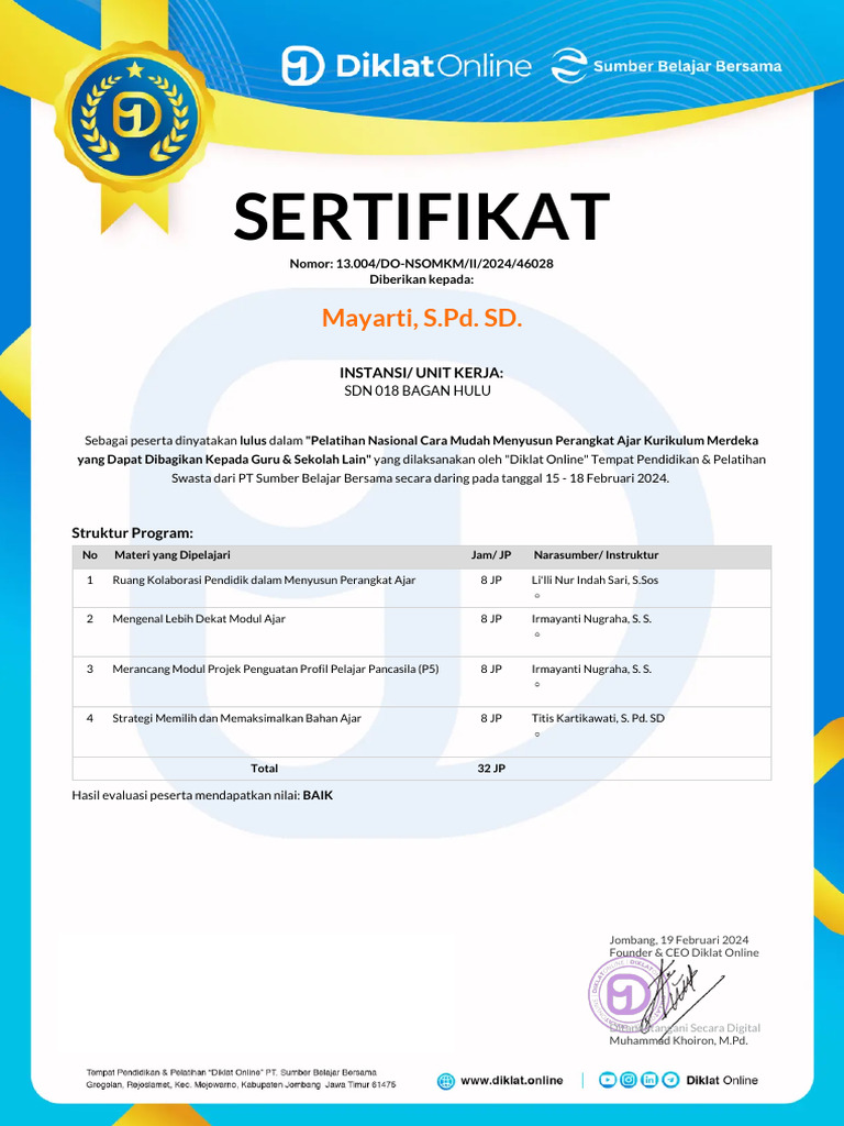 SERTIFIKAT Mayarti-3 | PDF