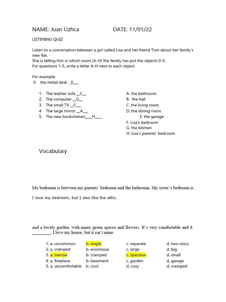 ESL Home Vocabulary Quiz | PDF | Room | Bedroom
