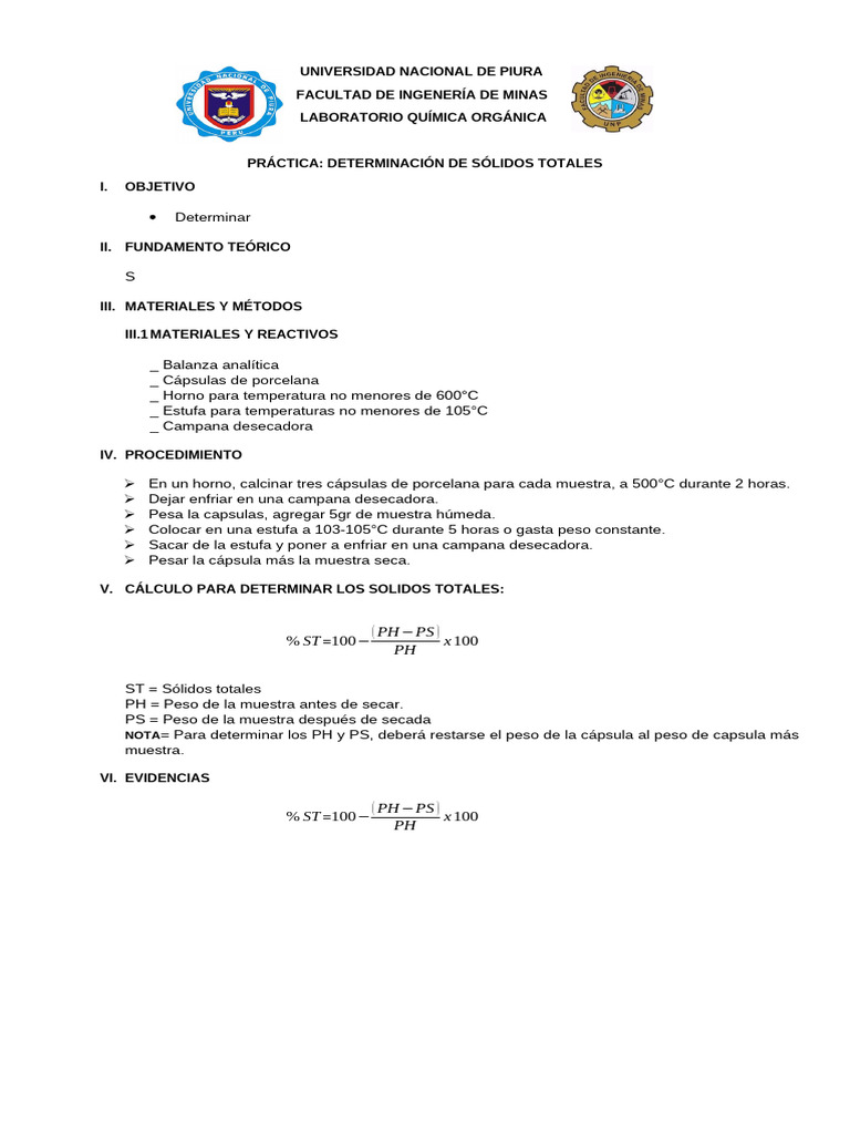 Determinación de Sólidos Totales y Volátiles | PDF | Química | Ciencias ...