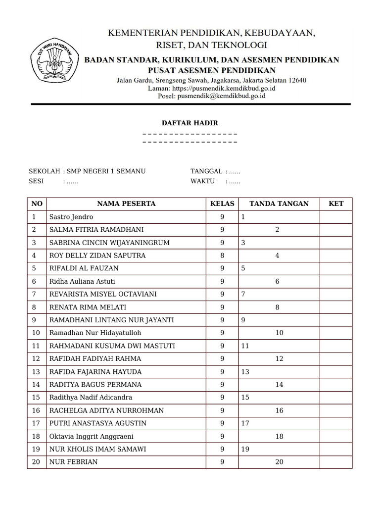 Daftar-Hadir-Smp Negeri 1 Semanu | PDF