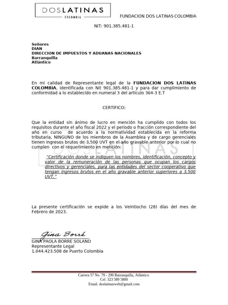 Certificacion Junta Directiva No Mayor A 3500 UVT | PDF | Finanzas y dinero