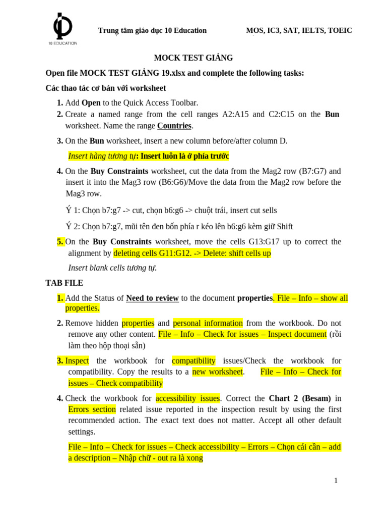 Excel Mock Test Instructions for Education | PDF | Chart | Microsoft Excel