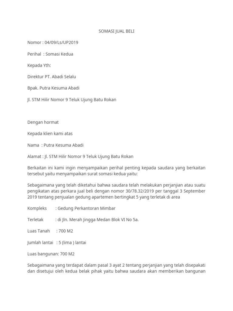 Contoh Surat Somasi Jual Beli | PDF