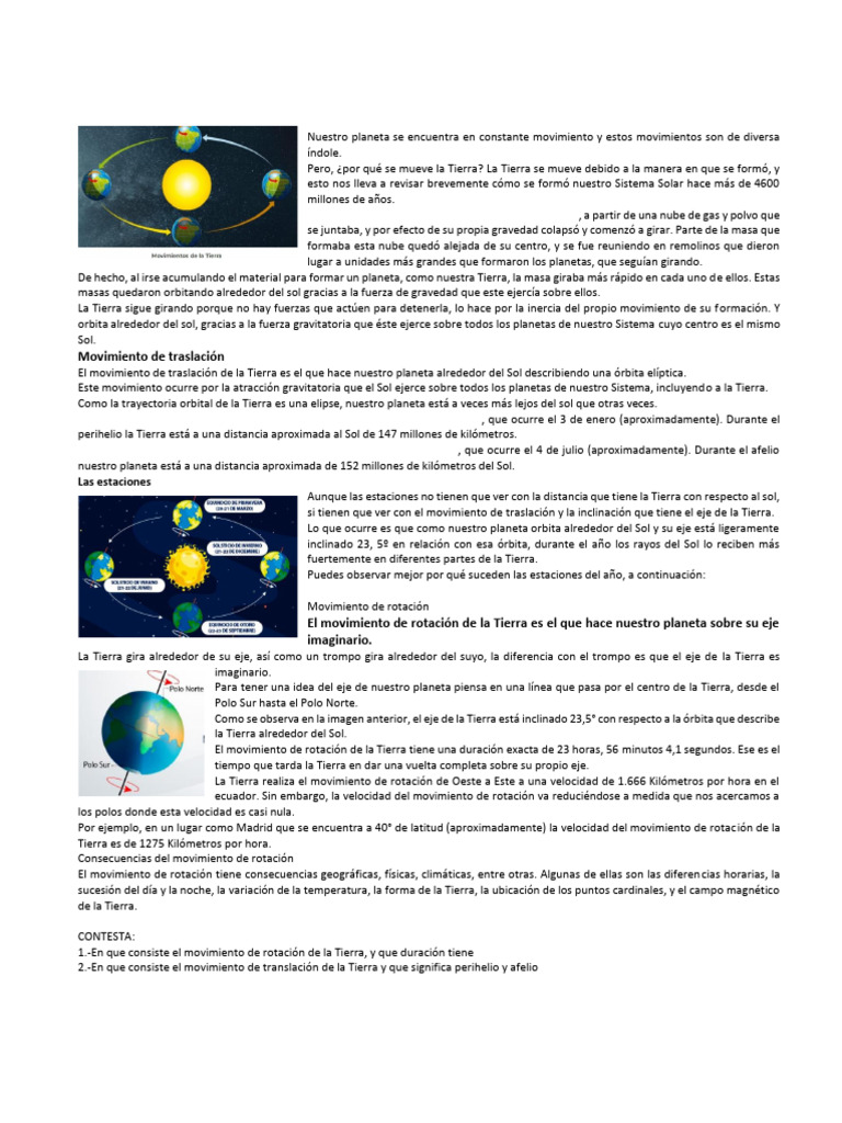 Lectura La Tierra y Sus Movimiento Dce Rotación y Traslacion | PDF ...