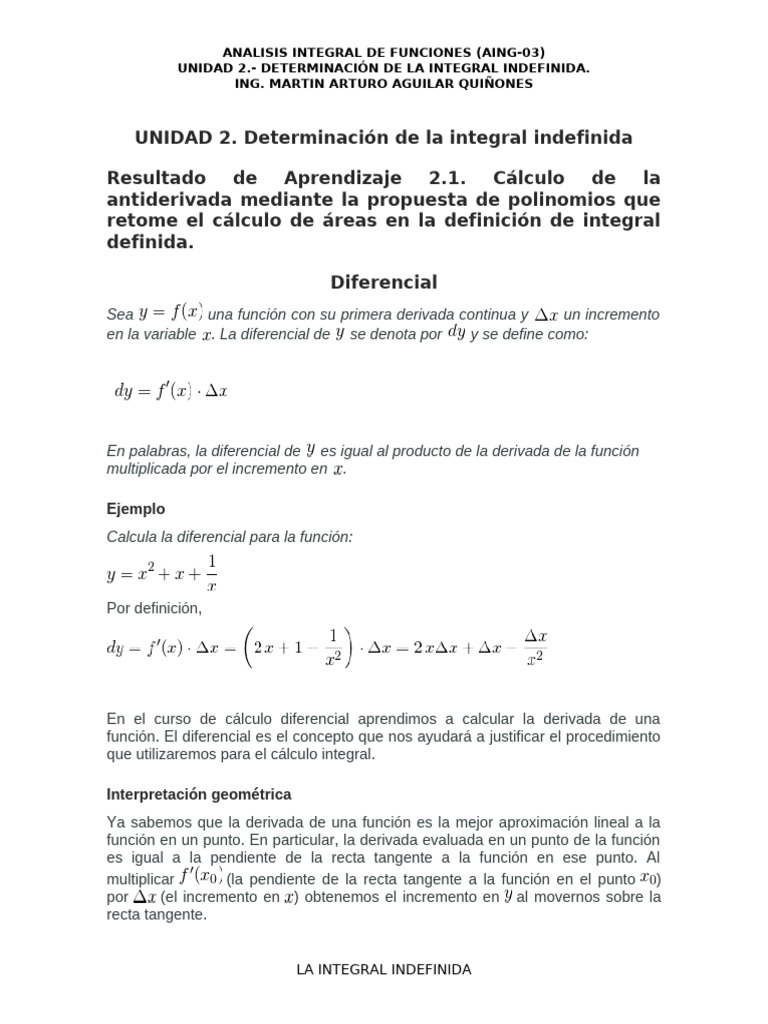 Contenido Unidad 2 LA INTEGRAL AING-03 | PDF | Integral | Derivado