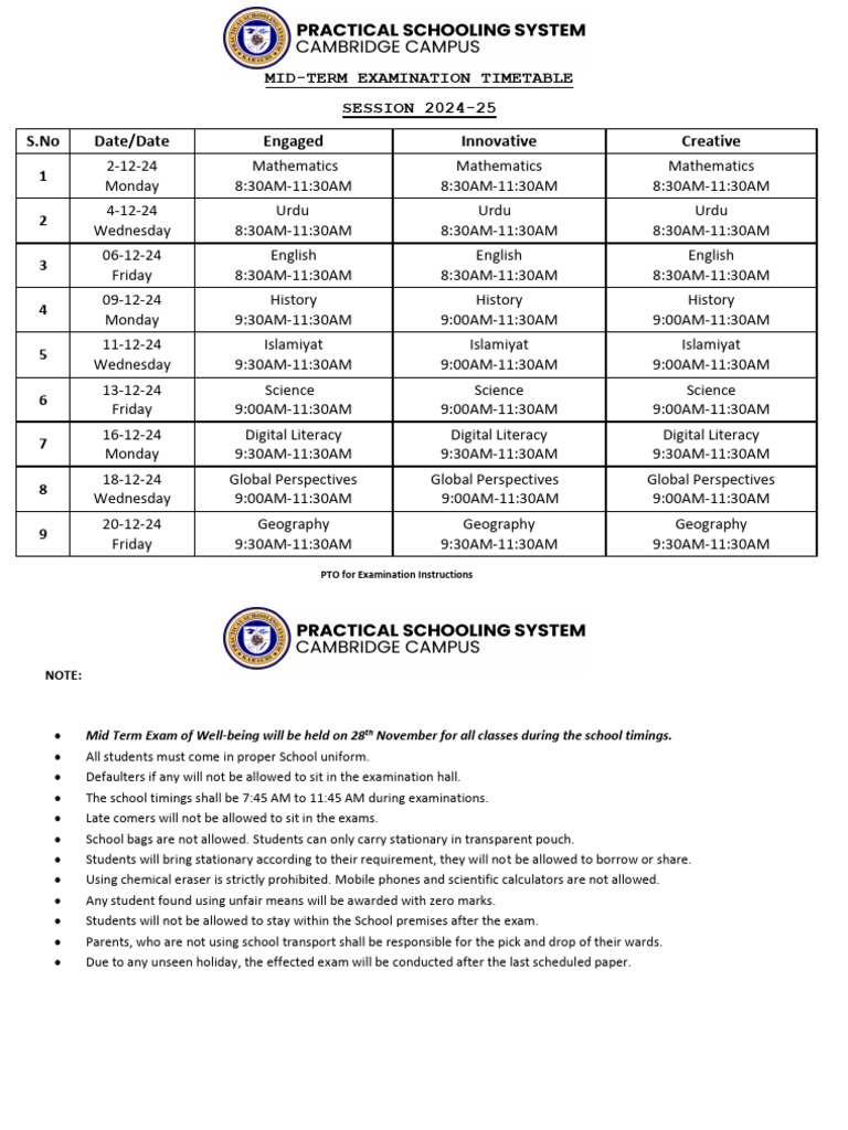 Mid Term Timetable 2024-25 Juniors | PDF | Social Science | Foreign ...