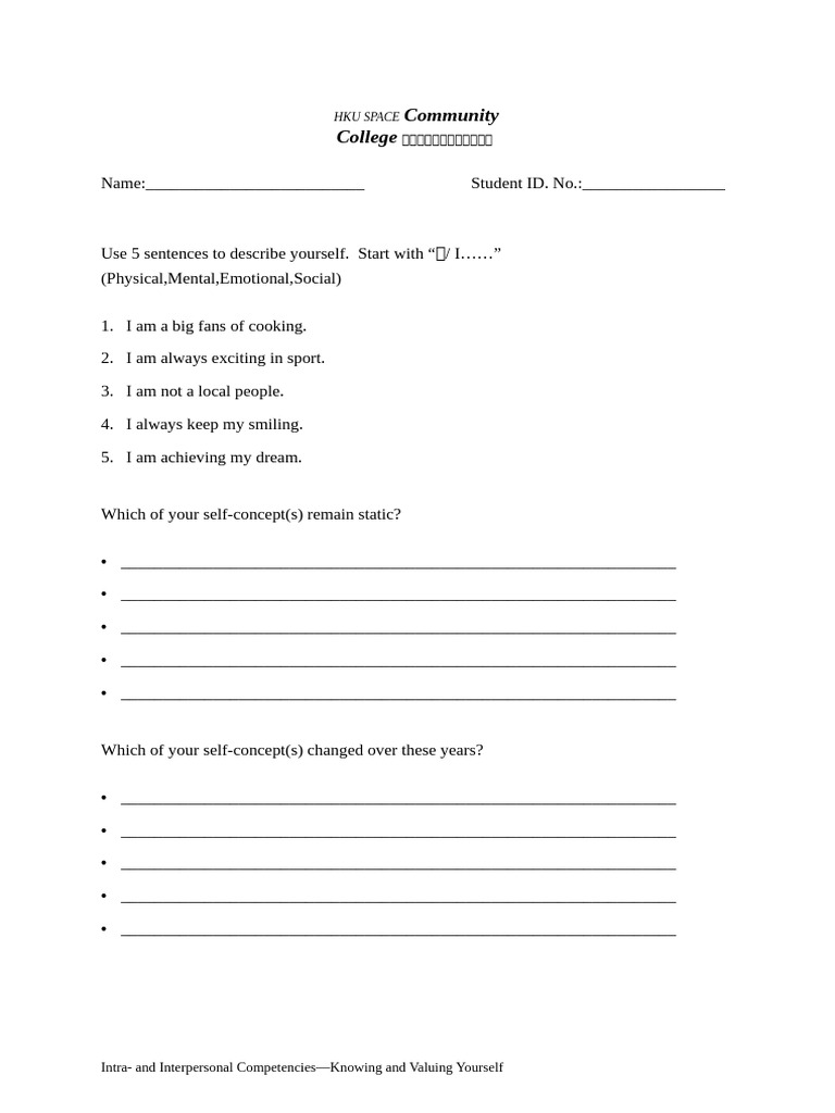 Wk 1 Self-concept Worksheet - 複本 | PDF | Goal | Behavior Modification