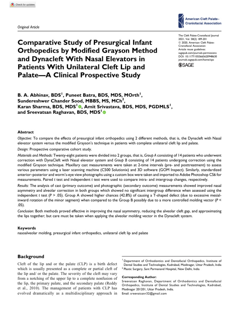 Abhinav Et Al 2020 Comparative Study of Presurgical Infant Orthopedics ...