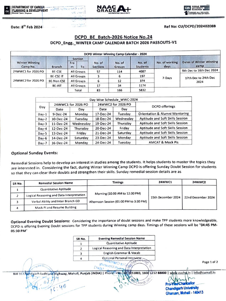 DCPD - Engg. - Winter Camp Calendar Batch 2026 Passouts-V1 | PDF
